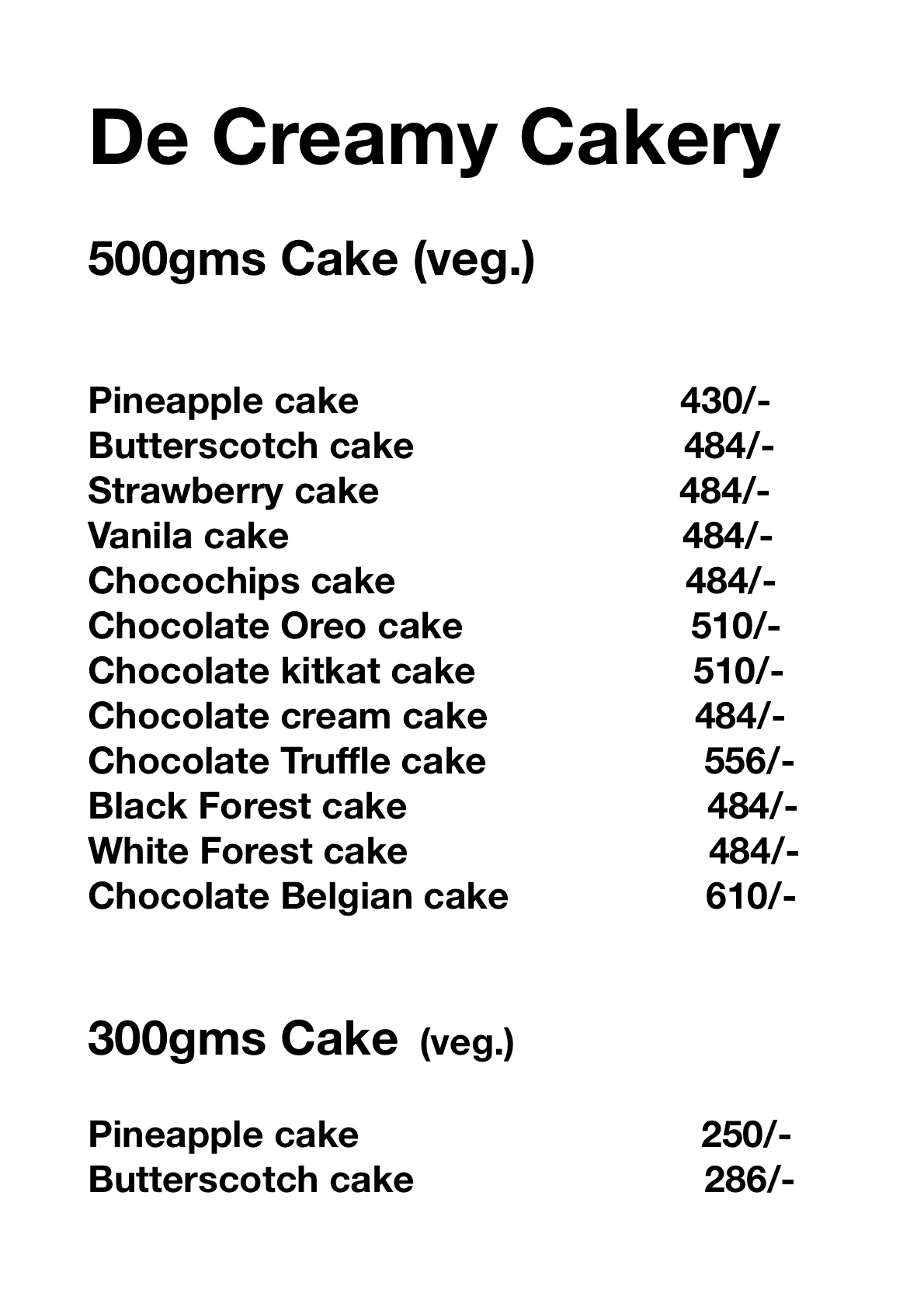 Menu of De Creamy Cakery, Rohini, New Delhi