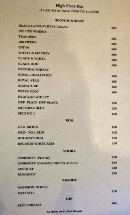 Menu at High Place, Mangaluru