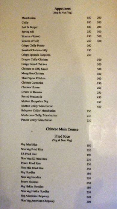 Menu at High Place, Mangaluru