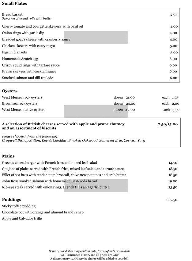 Menu at Greens West End Ltd restaurant, London