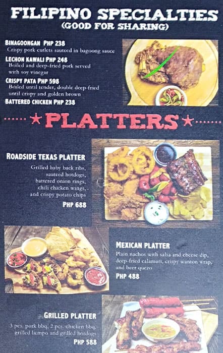 Menu at Roadside B&G pub & bar, Marikina