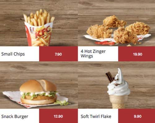 Menu at KFC restaurant, Durban, 159 Florida Road