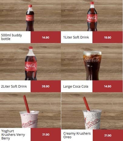 Menu at KFC restaurant, Durban, Davenport centre