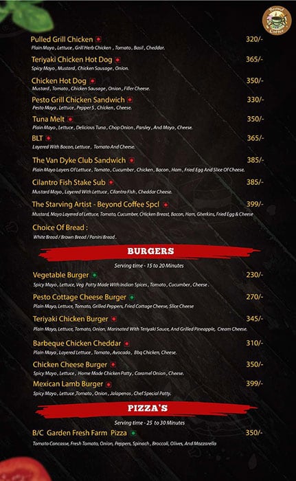 Menu at Beyond Coffee, Hyderabad