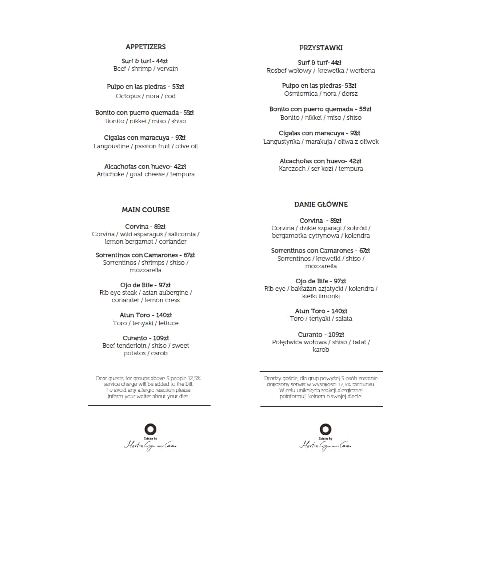 Menu at SALTO restaurant, Warsaw
