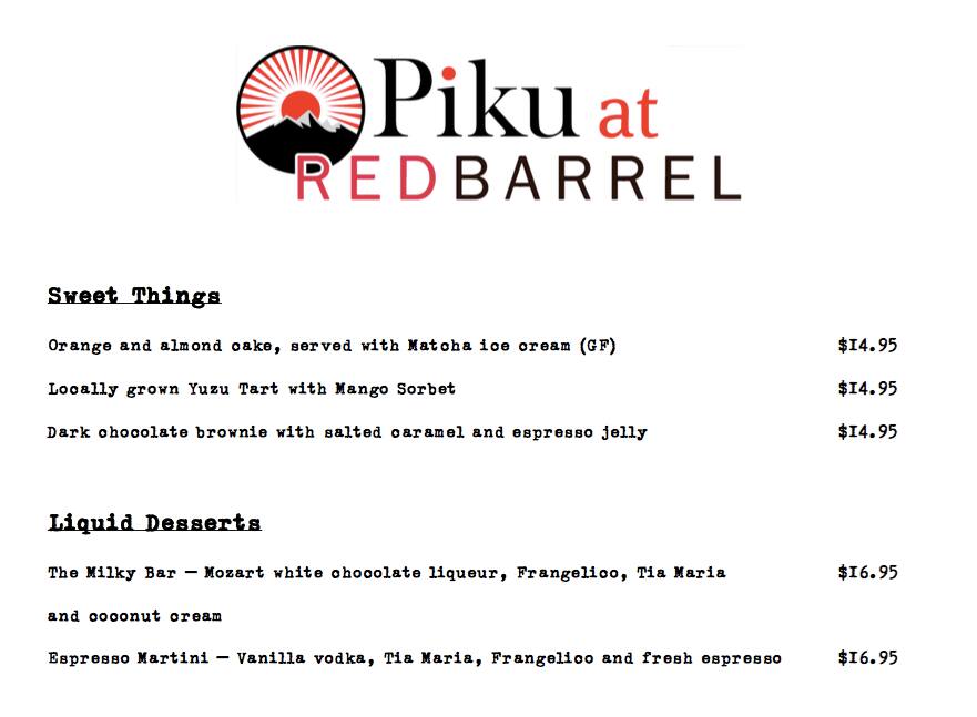 Menu at Piku at Red Barrel, Havelock North