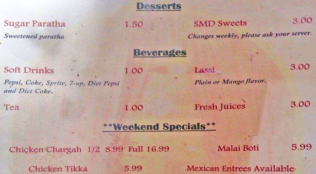 Menu at Sheesh Mahal Dhaba restaurant, Chicago