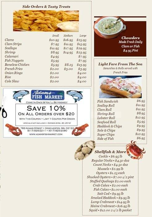 Menu at Adams Fish Market restaurant, Boston