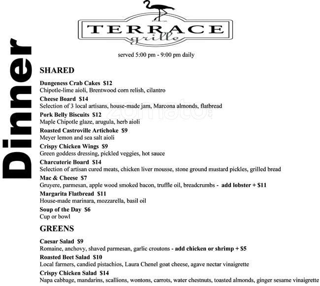 Menu at The Terrace Grill pub & bar, Santa Rosa