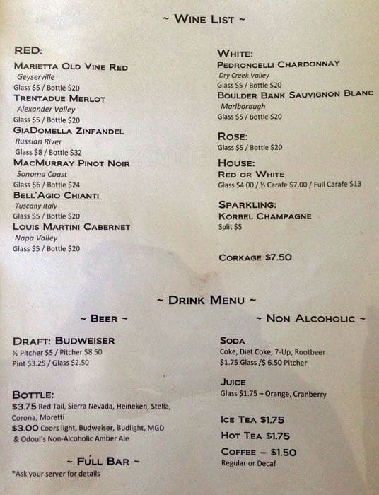 Menu at Giorgio's Restaurant, Healdsburg