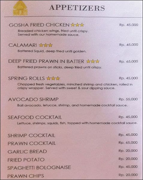 Menu at Gosha cafe, Denpasar, Transmart Shopping Centre Imman Bonjol