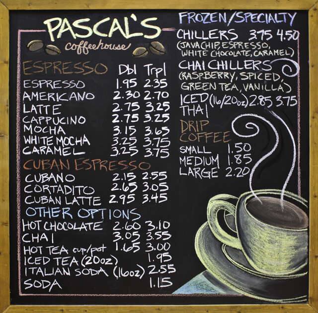 Menu at Pascal's Coffee cafe, Gainesville
