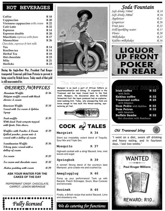 Menu at Old Transvaal Inn cafe, Dullstroom, Main Street of Dullstroom