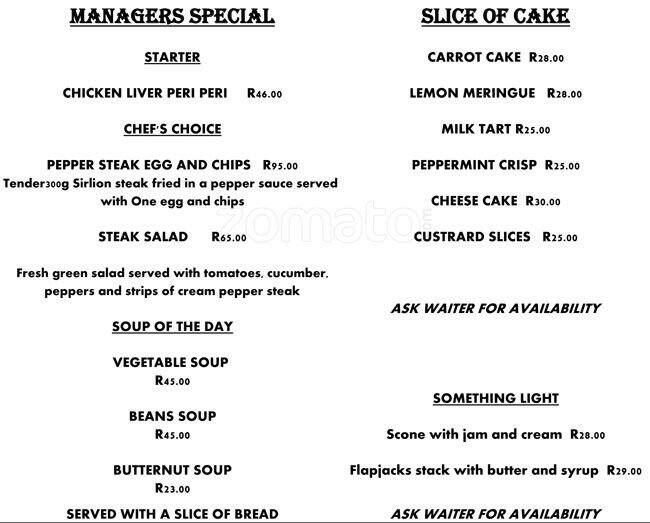 Menu at Old Transvaal Inn cafe, Dullstroom, Main Street of Dullstroom