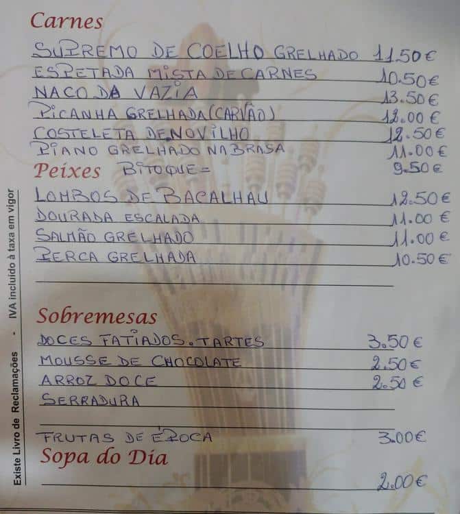 Menu at Adega Da Tia Rosa restaurant, Lisbon