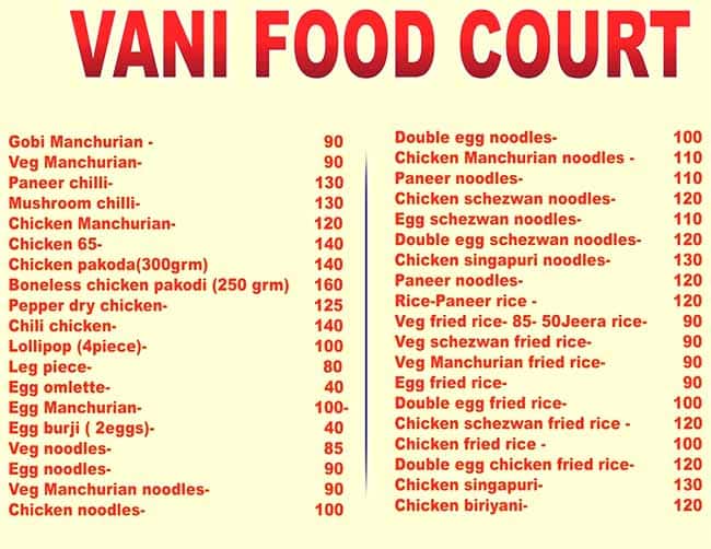 Menu at Vani Food Court, Hyderabad