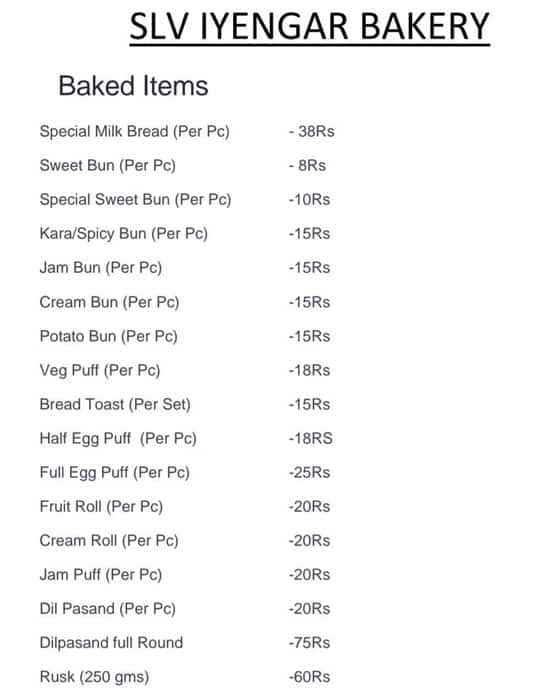 Menu of SLV Iyengar Bakery, JP Nagar, Bangalore