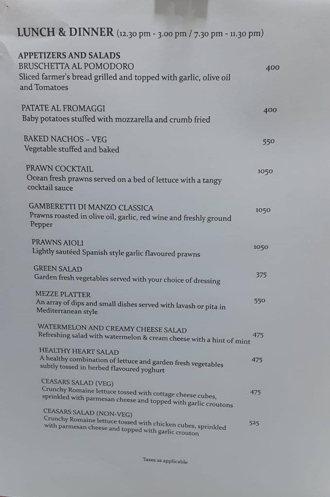 Menu at Tangerine, Mumbai, Juhu Beach