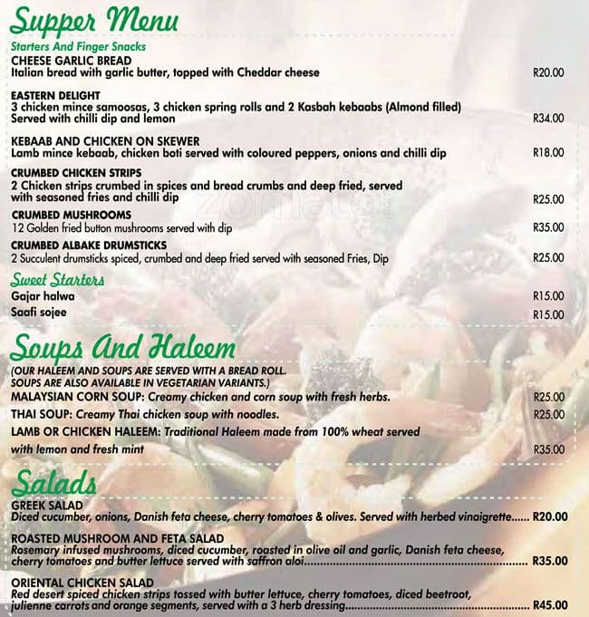 Solly Manjra menu, Menu restauracji Solly Manjra, Morningside, Durban ...