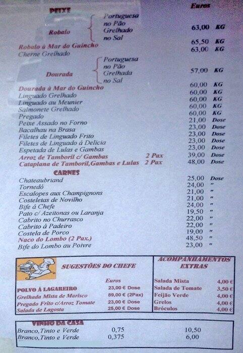 Carta de Restaurante Mar do Guincho, Portugal
