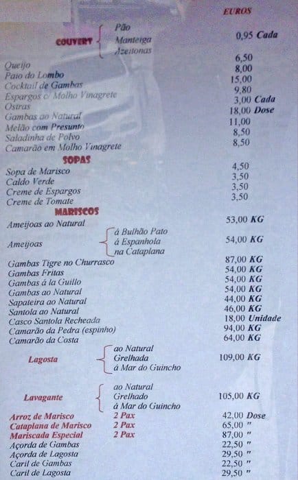 Menu em Restaurante Mar do Guincho, Alcabideche