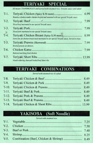 Menu at Yoko's Teriyaki Bistro restaurant, Federal Way