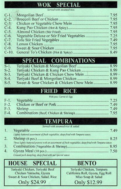 Menu at Yoko's Teriyaki Bistro restaurant, Federal Way