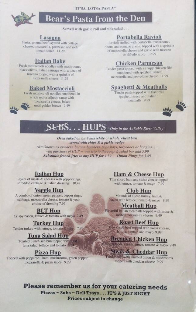 Menu at Bear's Den Pizzeria, Grayling