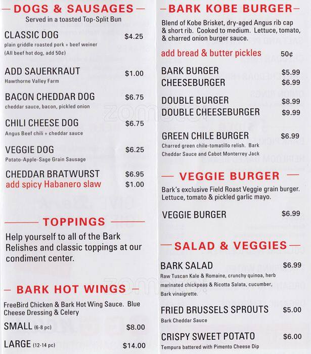 Bark Menu, Menu for Bark, Greenwich Village, New York City - Urbanspoon ...