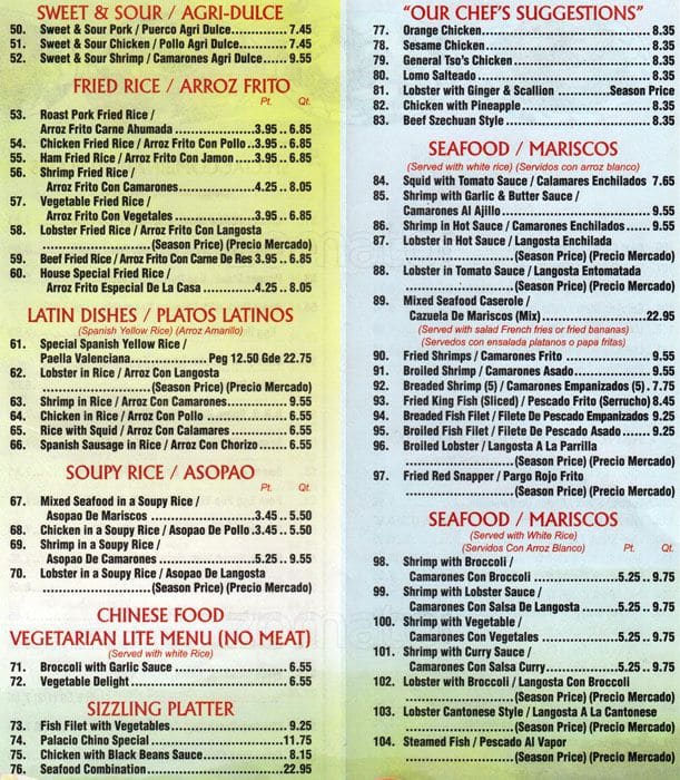 Menu at Nuevo Palacio Chino restaurant, New York City