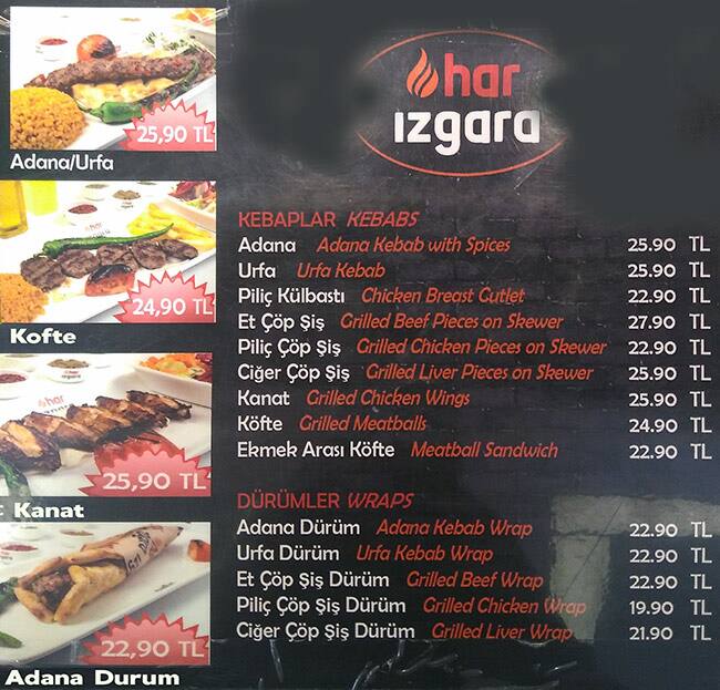 Menu at Har Izgara, Istanbul