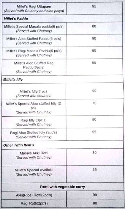 Menu at Millets Mane Oota, Bengaluru