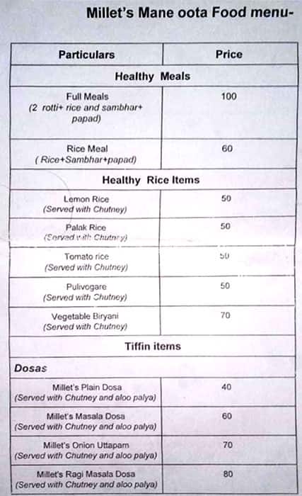 Menu at Millets Mane Oota, Bengaluru