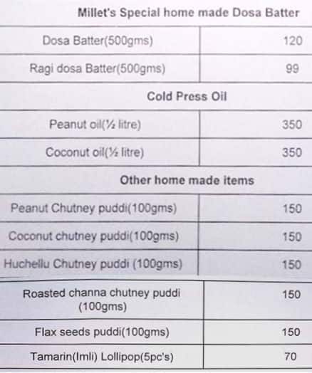 Menu at Millets Mane Oota, Bengaluru