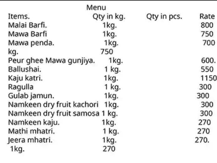 Menu of Mamta Sweets, Mira Road, Mumbai