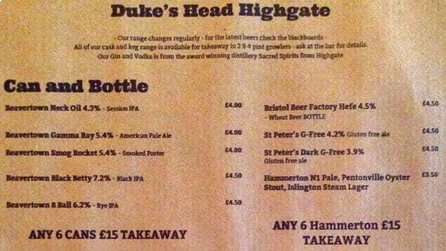 Menu at The Duke's Head pub & bar, London