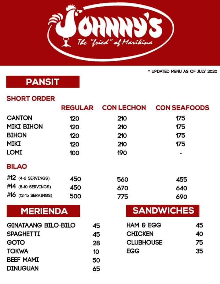 Menu at Johnny's fast food, Marikina