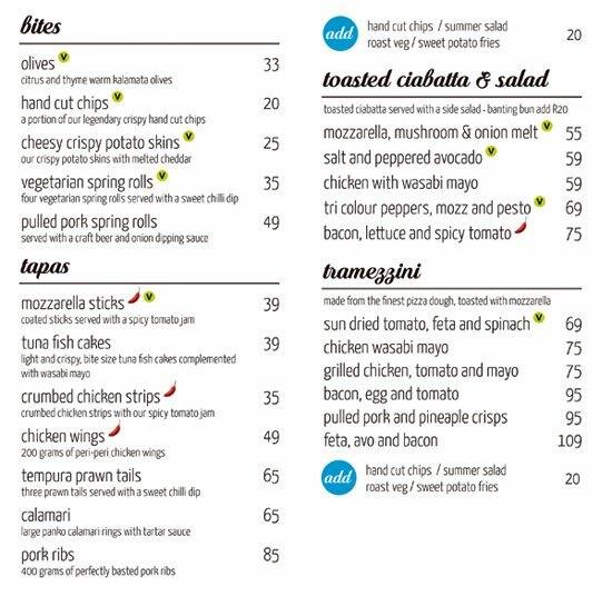 Carta del restaurante Cocoa Oola, Ciudad del Cabo