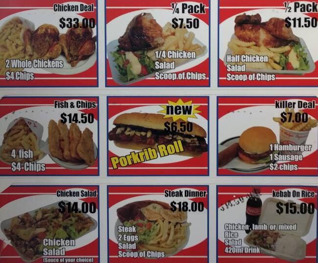 Menu at Li'l Abners Takeaway restaurant, Auckland