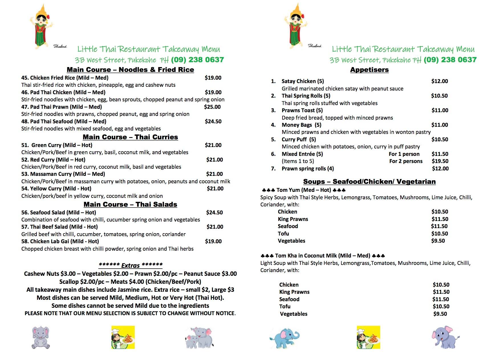 Menu at Little Thai Restaurant, Pukekohe