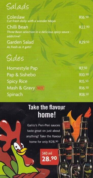 Menu au Galitos restaurant, Pretoria, CNR