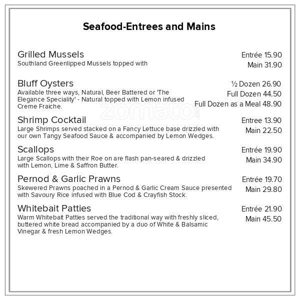 Menu at Elegance at 148 on Elles restaurant, Invercargill