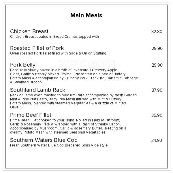 Menu at Elegance at 148 on Elles restaurant, Invercargill