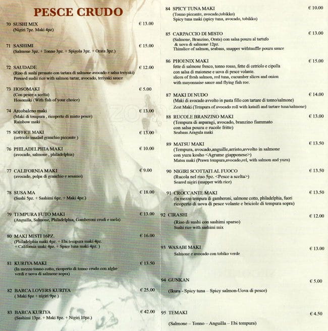 Menu da Kuriya Ristorante Giapponese, Roma