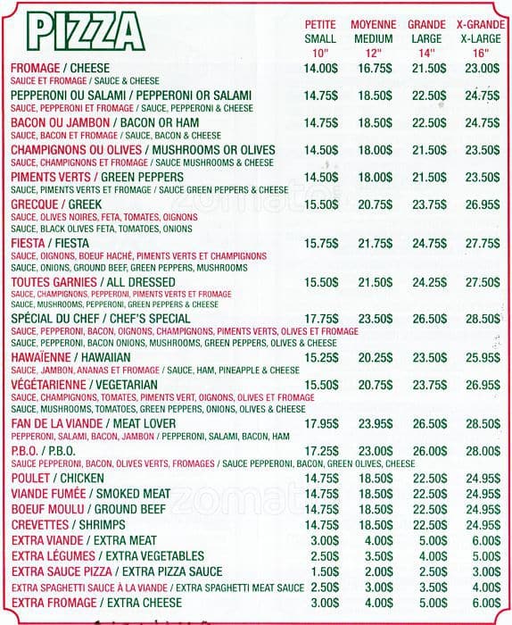 Menu au Buckingham Pizza pizzeria, Gatineau