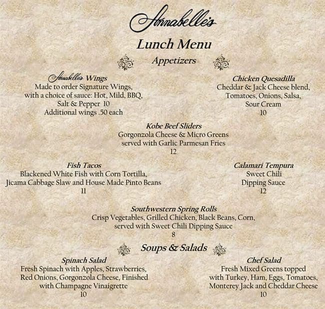 Menu at Annabelle's restaurant, Mesa, 425 S Power Rd