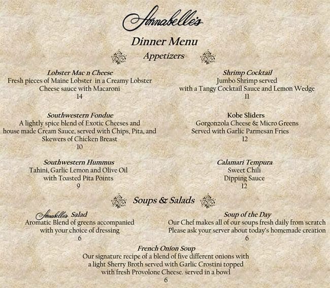 Menu at Annabelle's restaurant, Mesa, 425 S Power Rd