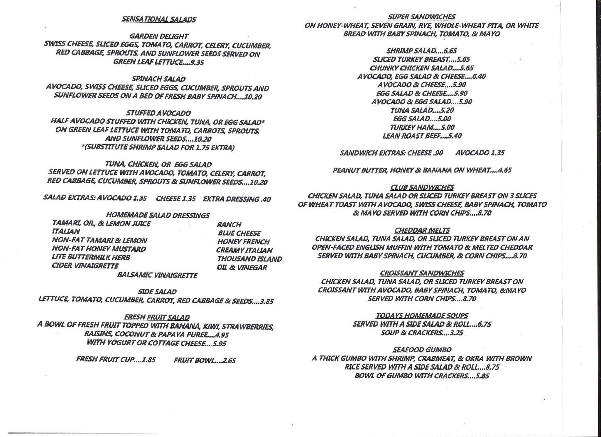 Menu at Back to the Garden restaurant, New Orleans, 833 Howard Ave