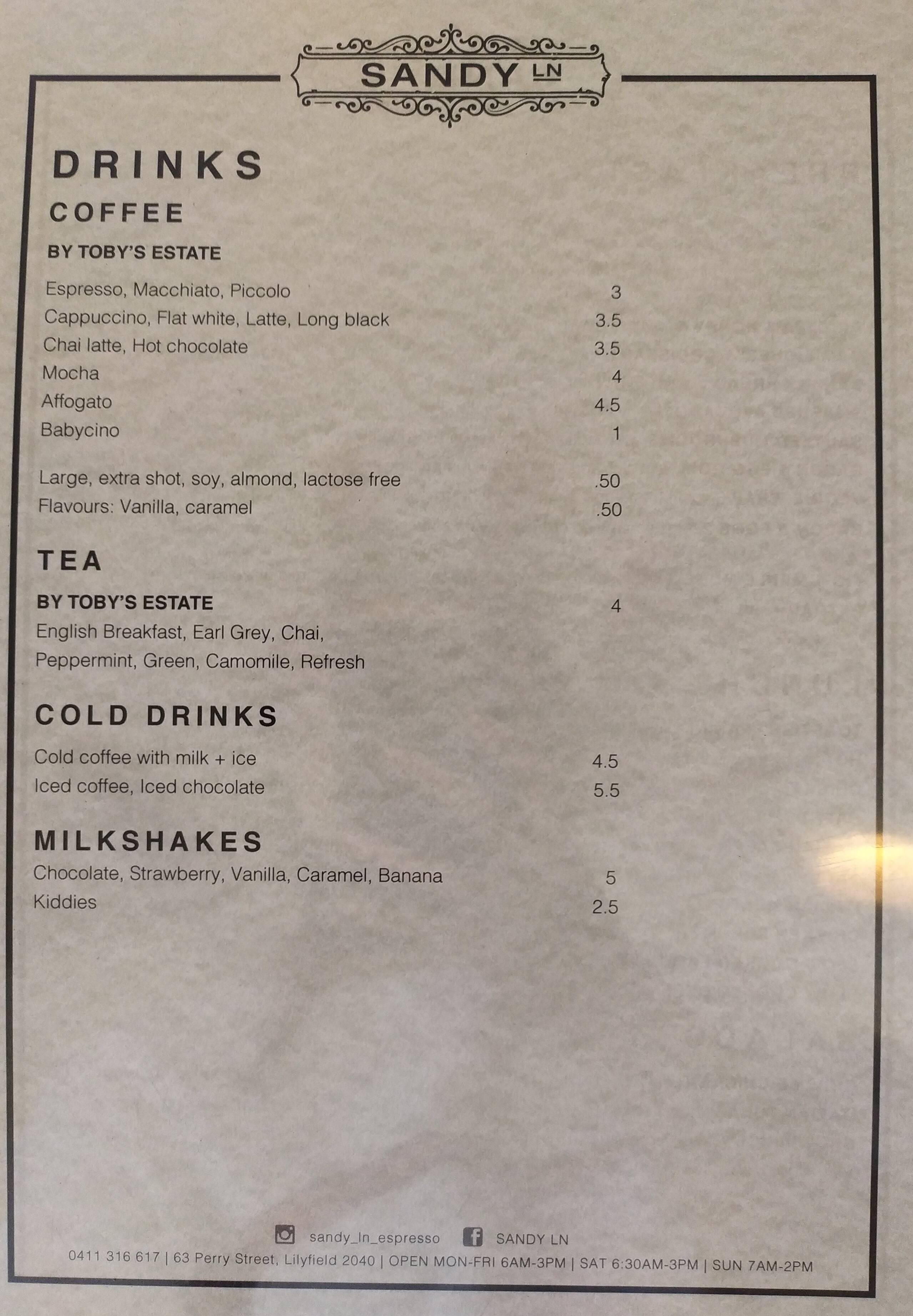 Menu at Sandy Ln cafe, Lilyfield