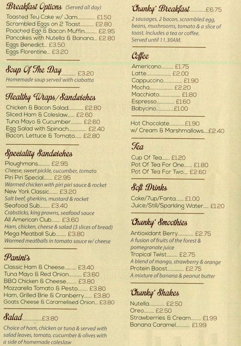 Menu at The Chunky Teapot cafe, Sidcup